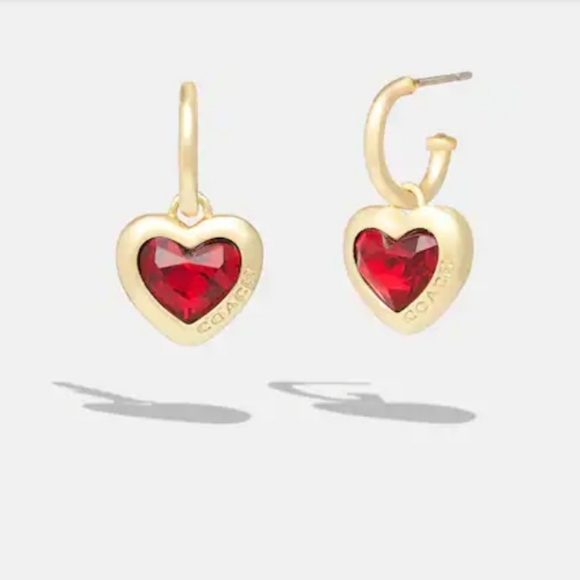 Coach | Jewelry | Coach Heart Huggie Earrings In Colors Gold Red | Poshmark